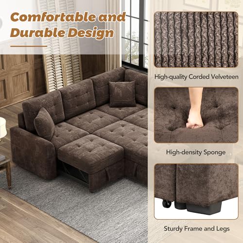 WOODRK 82.6" L-Shaped Sleeper Sofa Bed with Pull-Out Beds, Modern Convertible Couch with Wheels, USB Charging Ports, Power Sockets and 3 Pillows, for Living Room, Office, Brown