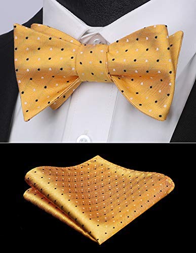 HISDERN Bowties Men Polka Dot Self Tie Bow Ties and Pocket Square Set Yellow Classic Formal Business Tuxedo Bowtie Handkerchief for Wedding Party
