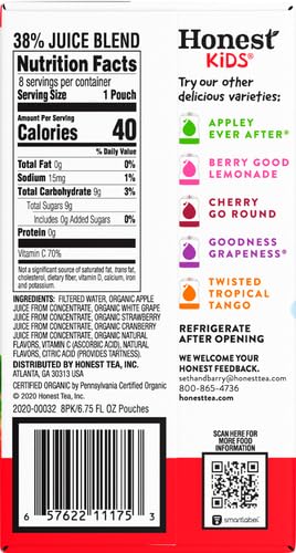 Honest Kids, Organic Super Fruit Punch, 6.75 Fl Oz Pouches, 8 Pack