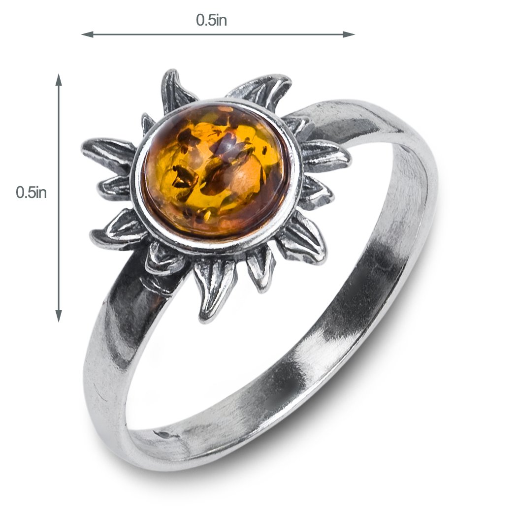 Honey Amber Sterling Silver Sun Ring, size 8