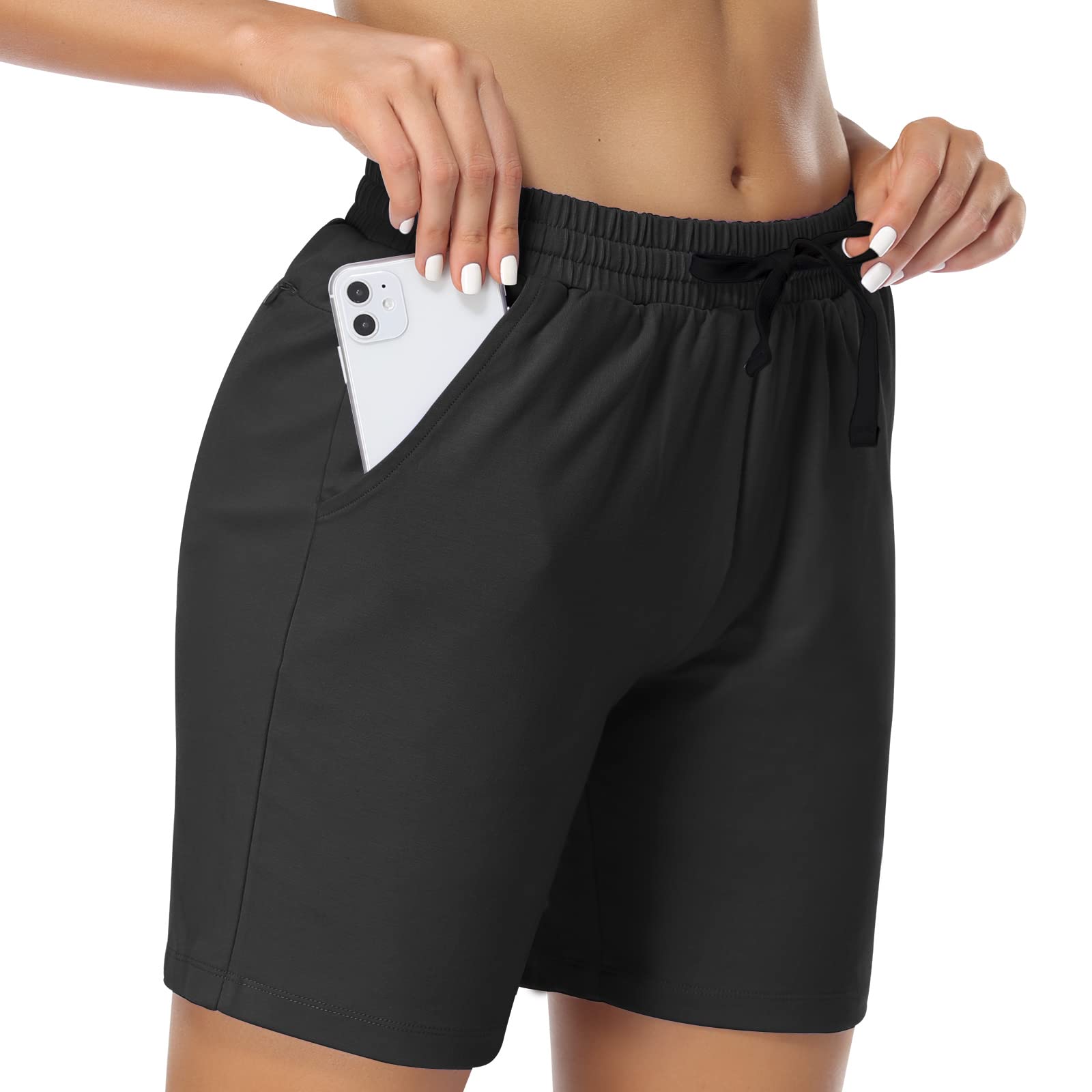 HISKYWIN 5"/ 7" Inseam Length Women's Active Lounge Bermuda Shorts Yoga Jogger Shorts Zip Pockets F18016-Black-L