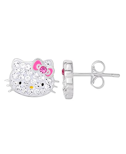 Hello Kitty Sanrio Womens Sterling Silver Clear Crystal Stud Earrings - Officially Licensed Earrings