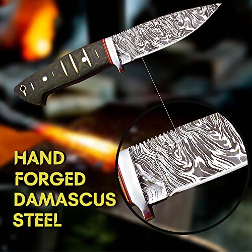 Handmade Damascus Hunting Knife with Sheath for Belt – 10 inches Fixed Blade full tang 1095 steel knife with Green Micarta Handle