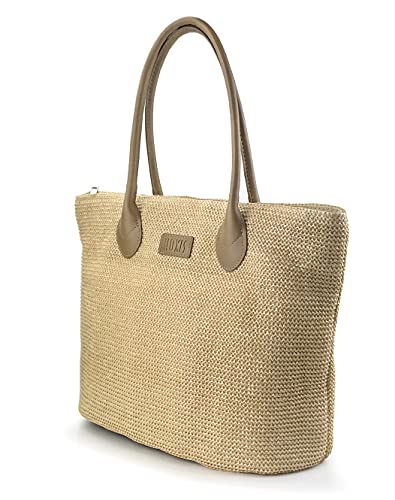 HOXIS Weekender Lightweight Synthetic Straw Shopper Tote Womens Shoulder Handbag (Brown)