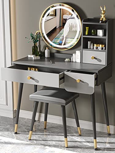 Redsun Vanity Table Set with 3 Color Touch Screen Dimming Mirror,Makeup Dressing Table with 3 Sliding Drawers and Cushioned Stool,Dresser Desk for Women/Girls (Silver Gray, 15.7Wx35.4L)…