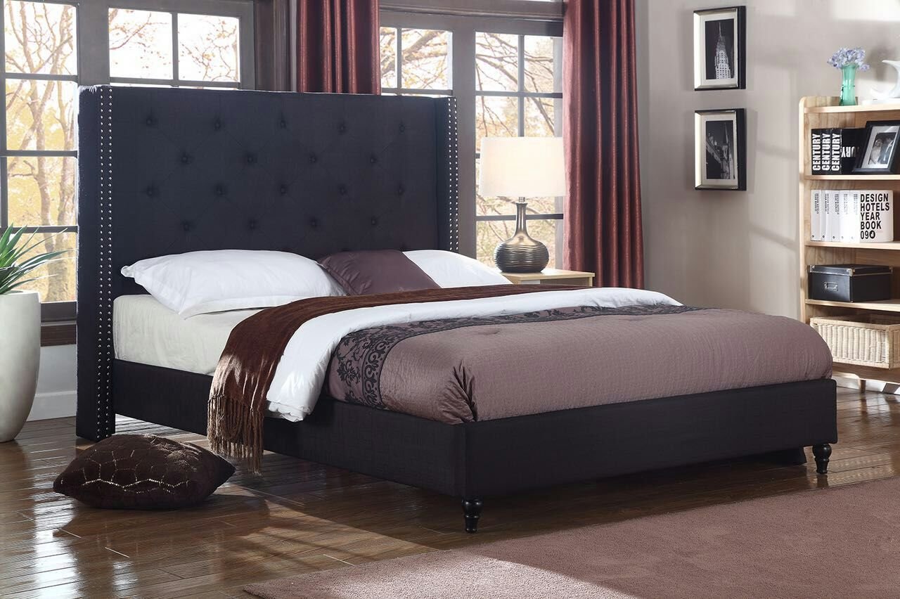 Home Life Linen Upholstered Platform Bed - Cloth Platform Bed with 51” Tall Headboard - Durable Wooden Slat Design - Easy To Assemble - Mattress Support - No Box Spring Needed - Full Size, Black