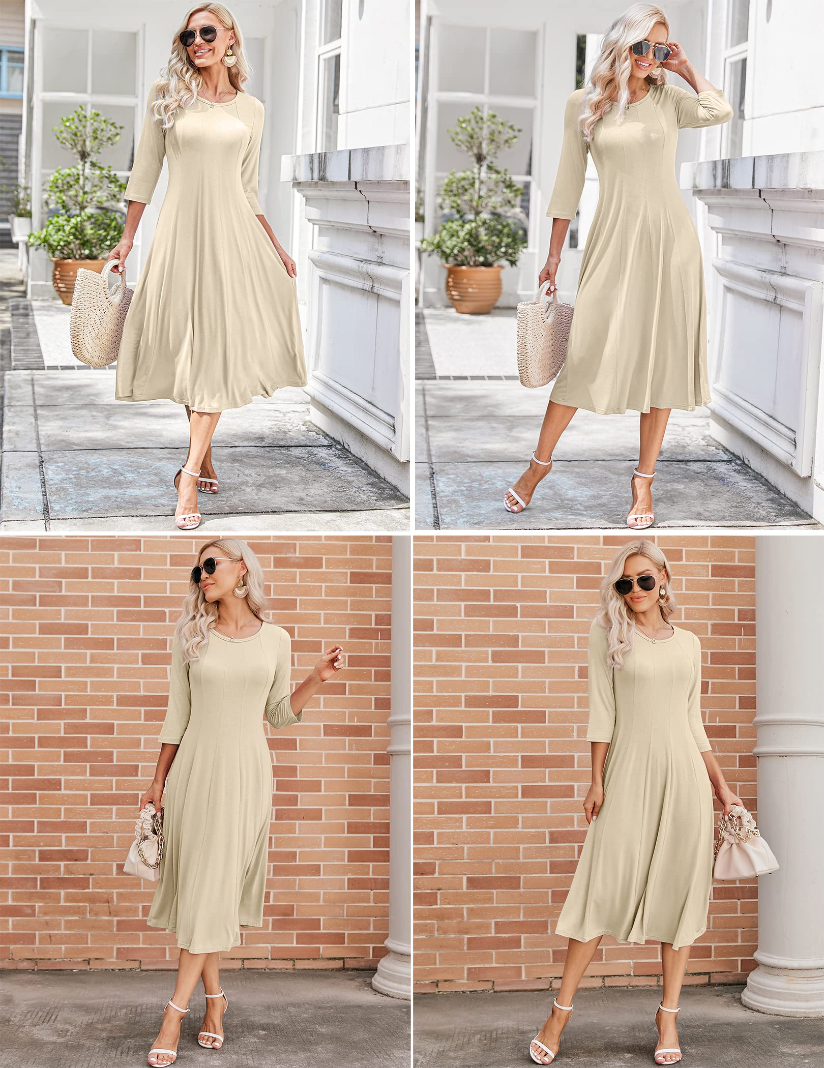 HOTOUCH Women's Casual Plain 3/4 Sleeve Simple Tshirt Loose Midi Dress (Beige S)
