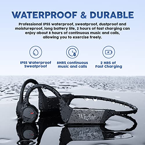Wigfar Bone Conduction Headphones Bluetooth, Built-in 16GB Memory Bluetooth 5.3 Open Ear Headphones Wireless Bluetooth, Intelligent Voice Waterproof 8 Hr Battery Life for Running, Driving, Calling
