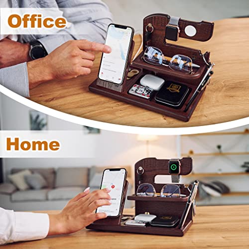 TESLYAR Wood Phone Docking Station Charger Xmas Gifts for Men or Dad for Husband Birthday Wife Nightstand Organizer Key Holder Wallet Solid Ash