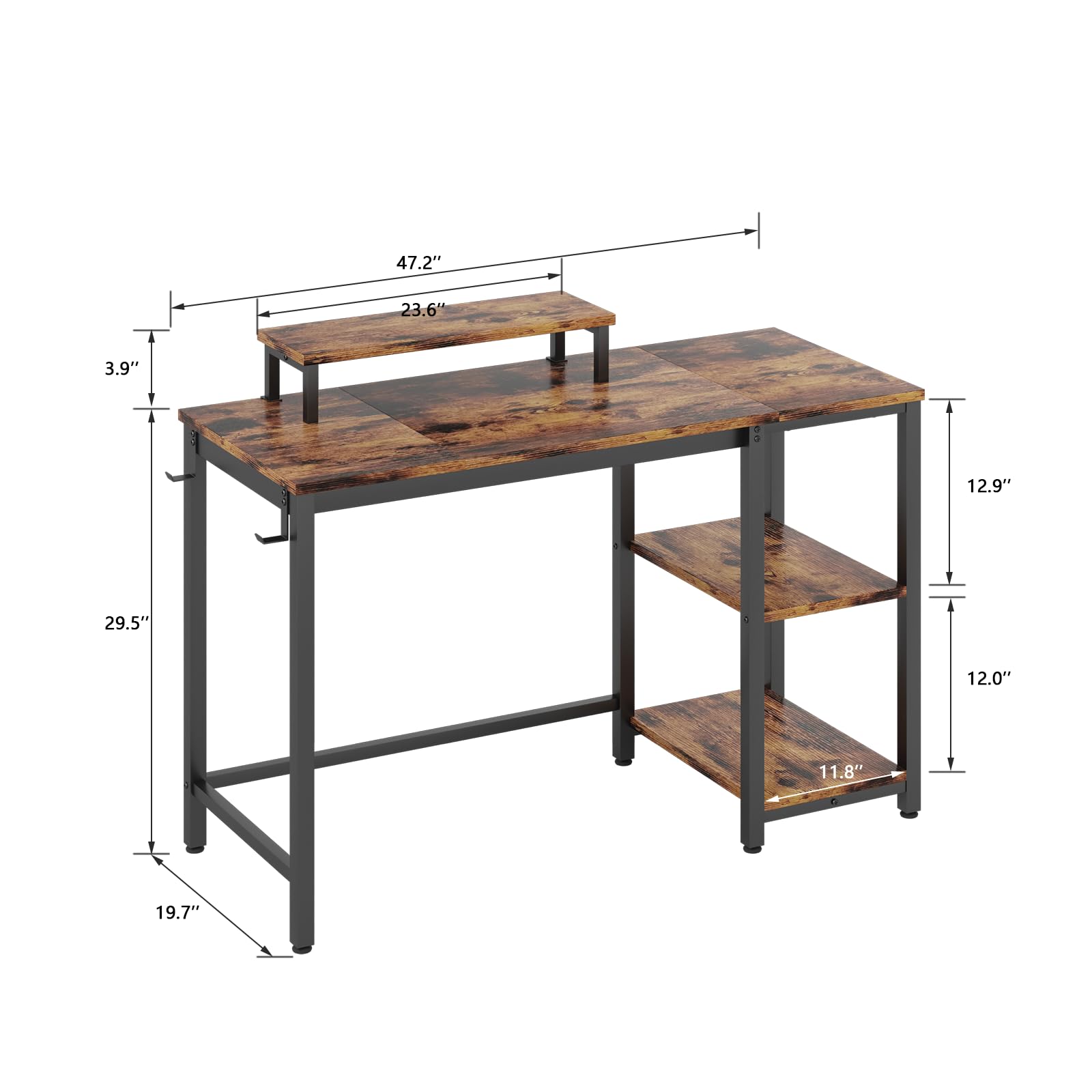 HEEYUE Computer Desk, Industrial Writing Desk with 2-Layer Storage Shelves and Headphone Hook, PC Laptop Table with Monitor Stand,Gaming Desk for Home Office (Rustic Brown)