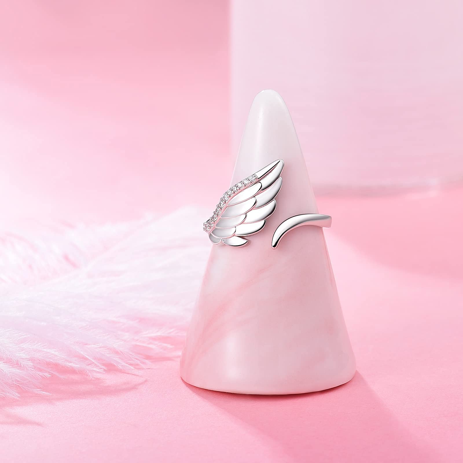Hioed 925 Sterling Silver CZ Jewelry Feather Angel Wing Open Ring Adjustable Rings for Women Gifts