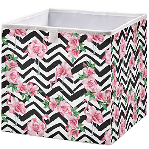 visesunny Rectangular Shelf Basket Tropical Pink Flamingo Flower Wavy Stripe Clothing Storage Bins Closet Bin with Handles Foldable Rectangle Storage Baskets Fabric Containers Boxes for Clothes,Books,