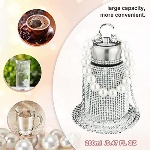 XUDREZ Diamond Thermos Bottle for Womens, Diamond Water Bottle Bling Rhinestone Stainless Steel Vacuum Flask Sparkling Refillable Insulated Thermal Bottle with Pearl Bracelet and Chain (Silver)