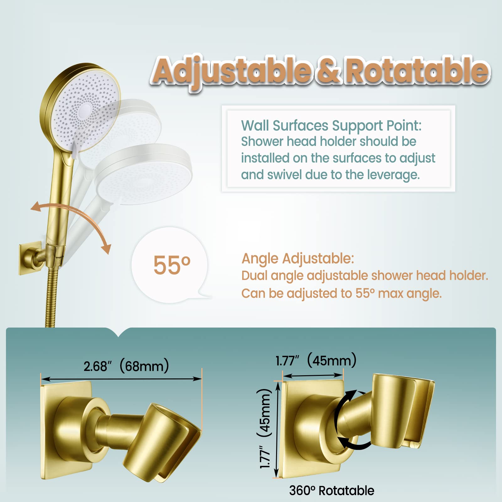 YDmeet Shower Head Holder for Handheld Shower Wand and Shower Diverter Valve with Elbow Outlet Desgin, All Metal Brass, Brushed Gold