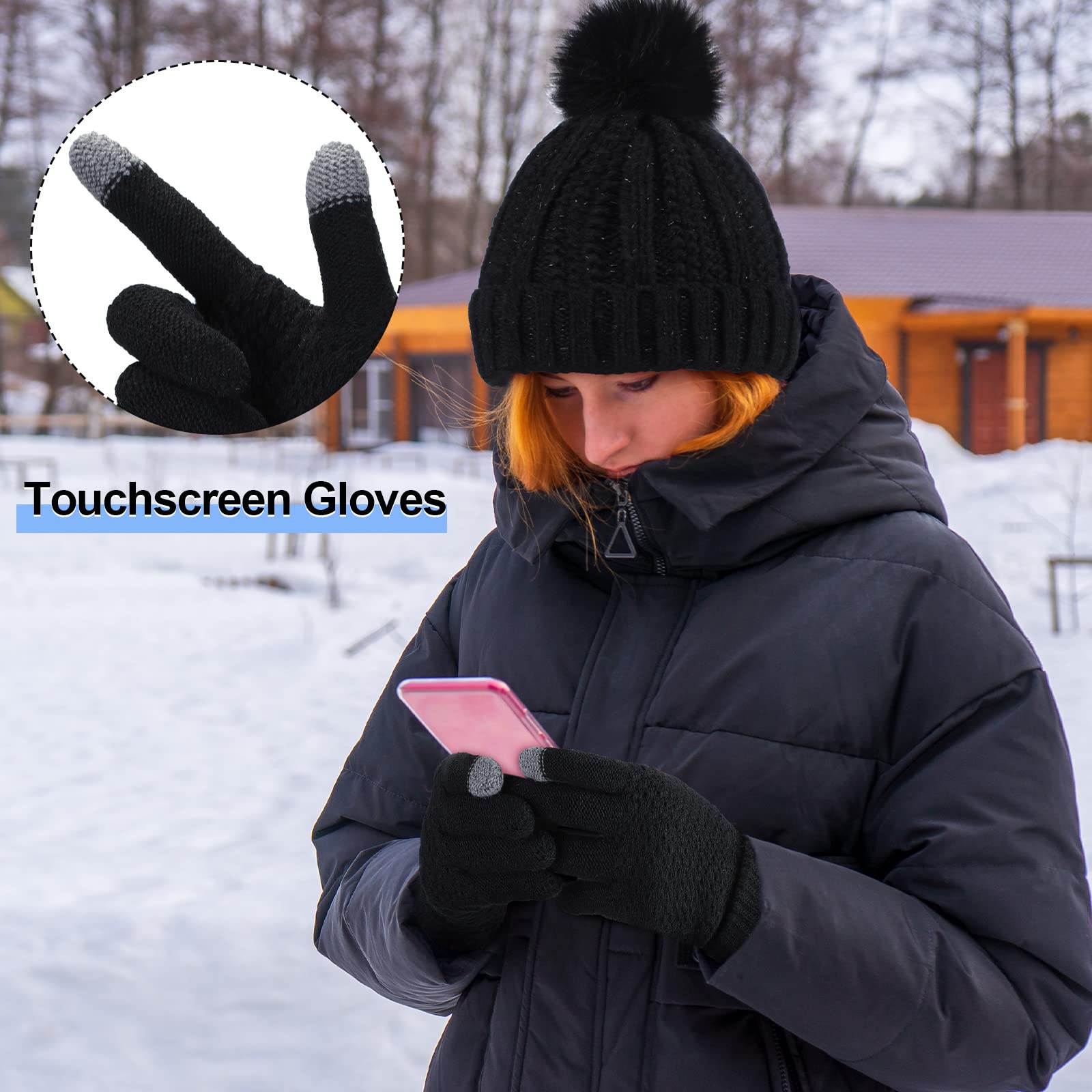 Hicarer 5 Pieces Women Ski Outing Set, Knit Winter Hat Scarf Gloves Earmuffs Stockings (Black, Classic Style)
