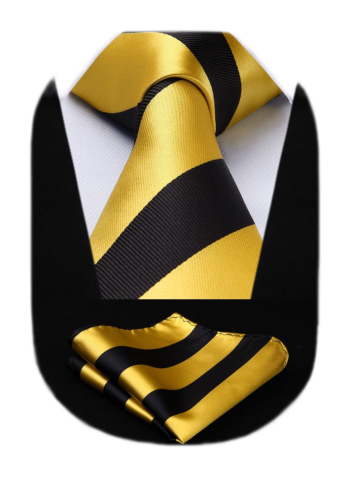HISDERN Plaid Tie Handkerchief Woven Classic Stripe Men's Necktie & Pocket Square Set ,Yellow & Black,One Size
