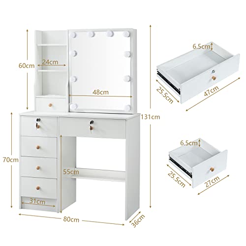 White Makeup Vanity Table,Vanity Desk with Lighted Makeup Mirror and Charging Station, Vanity Dressing Table with Lights & Storage Drawers and Stool for Bedroom,Girls Women