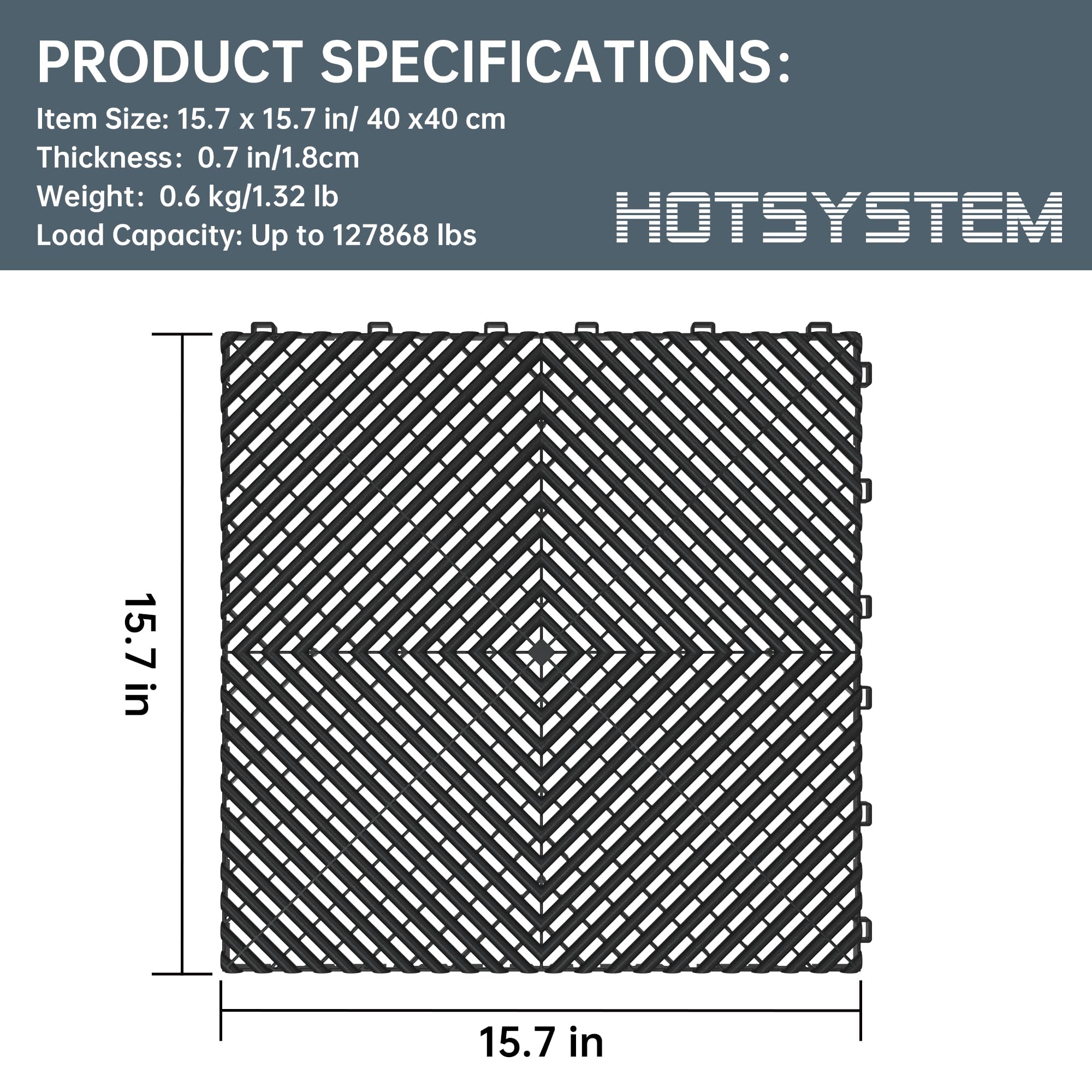HOTSYSTEM Durable Polypropylene Interlocking Modular Garage Floor Tiles, Versatile Interlocking Floor Tiles, 15.7'' x 15.7'' x 0.7''(Thickness) Flooring Tile(20 Pack), Black