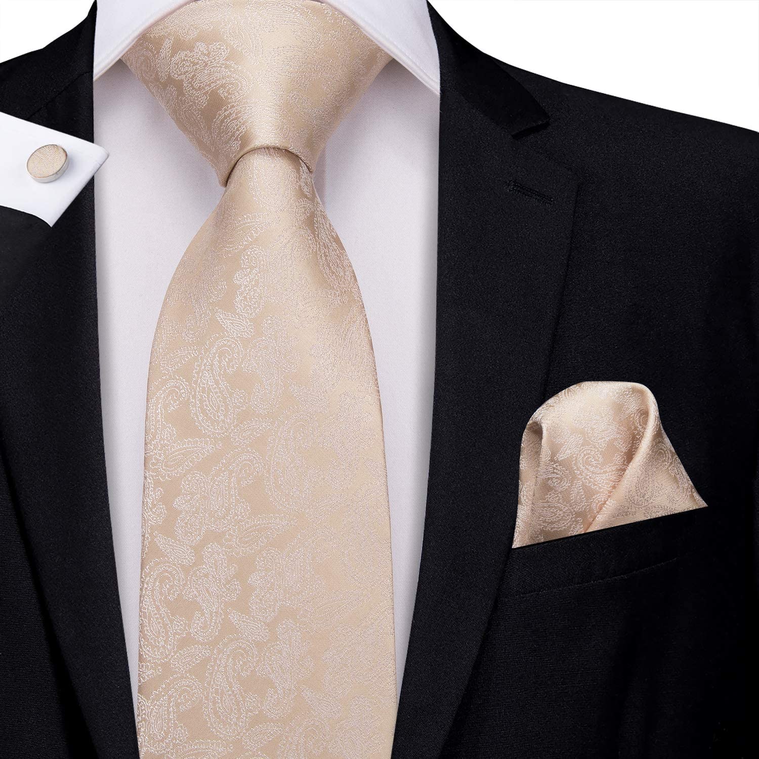 Hi-Tie Champagne Khaki Tie Paisley Silk Mens Neckties with Pocket Square Cufflinks for Wedding Business Party