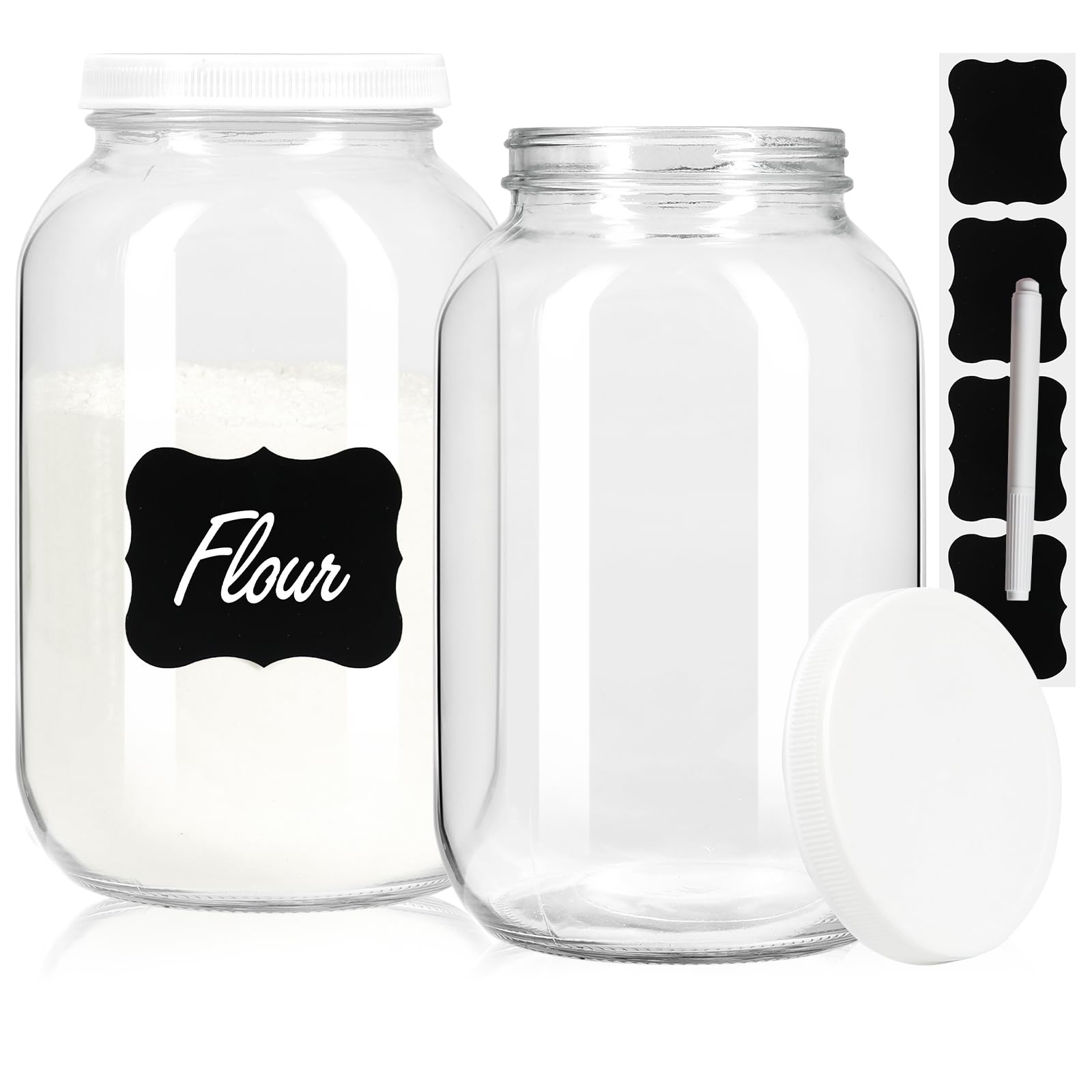 Haneye 2 Pack 1 Gallon Wide Mouth Glass Jars, Large Mason Jars Gallon Jars with White Plastic Lids, Clear Jar for Fermenting Kombucha Pickling Dry Food Storage