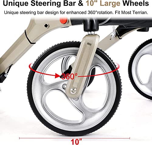 Healconnex Luxury Rollator Walkers for Seniors-Bulit-in Cable Rollator Walker with Seat, 10"Large Wheels,Aluminium Lightweight Senior Walker with Soft Rubber Handle,Padded Seat and Backrest