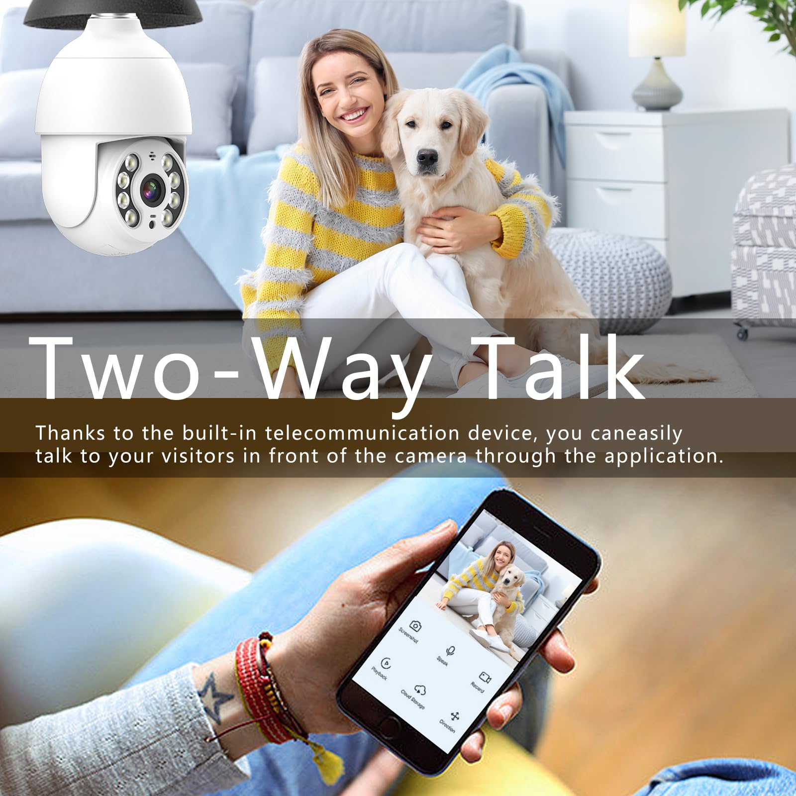 Hicvers Light Bulb Camera, 360° Panoramic Camera with 2 MP HD Picture Quality, with Clear Night Vision, 2-Way Audio, Motion Detection, Alarm Function, Compatible with Alexa, for Indoor and Outdoor