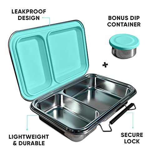 WEST BROS Stainless Steel Lunch Box and Dip Container - Premium Metal Bento Box - Stainless Steel Food Container with 2 Compartments - Modern Leakproof Snack Lunch Set (Blue)