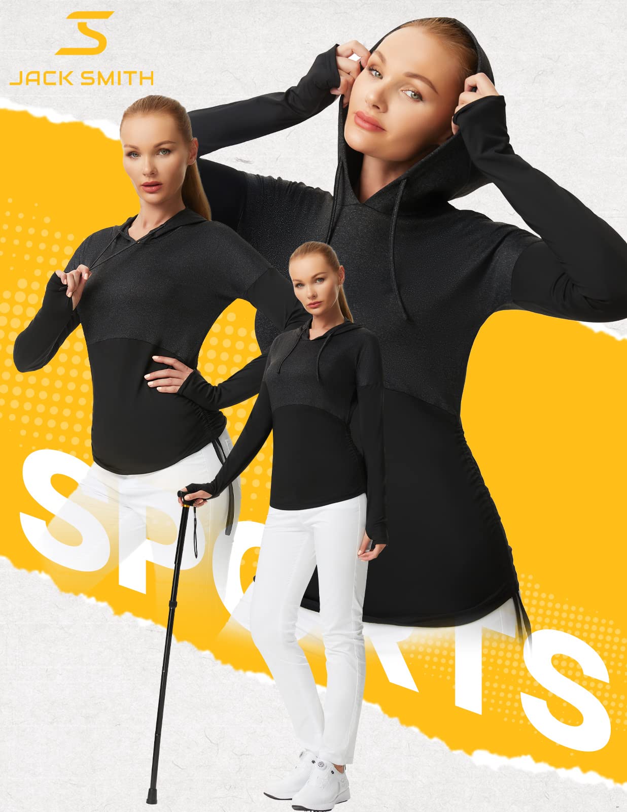 JACK SMITH Women's Quick Dry Shirts Long Sleeve for Hiking Workout UPF 50+ Lightweight Hoodie with Drawstring (Gray&Black #Thicker Fabric, S)