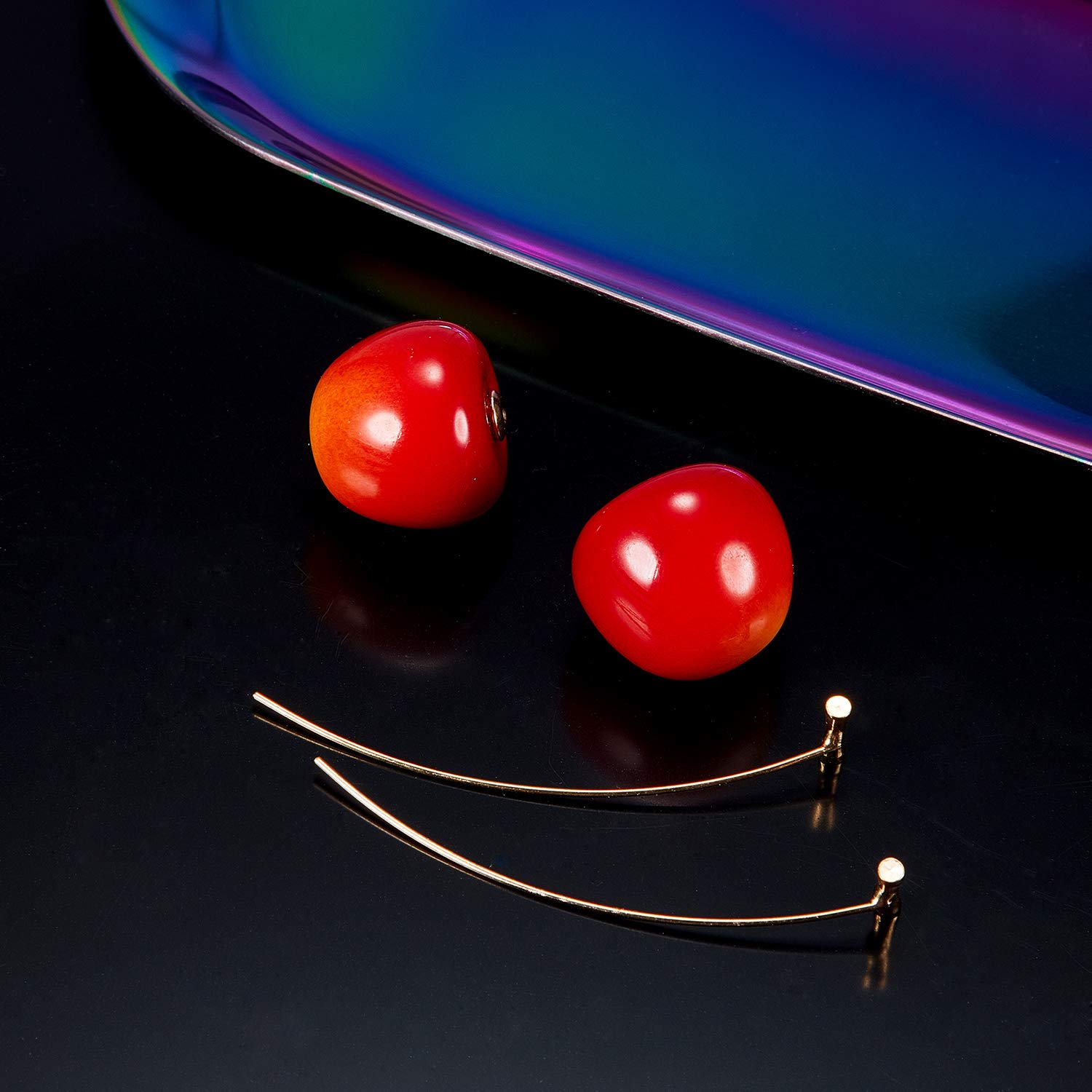 Hicarer 4 Pairs Cherry Earrings Cherry Dangle Earrings 2 Sizes 3D Cherry Fruit Earrings with 10 Pieces Ear Lines for Women