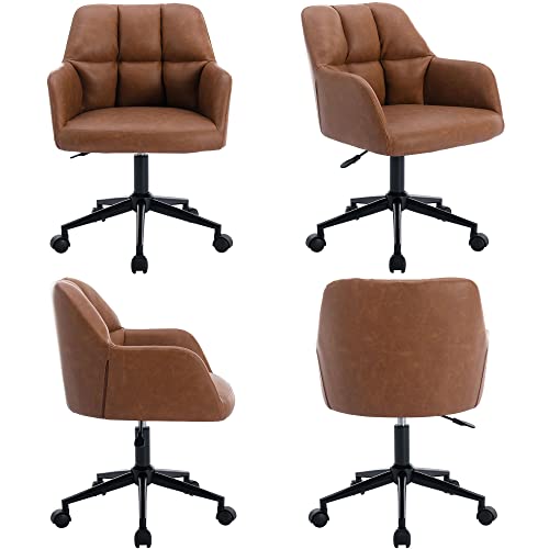 VESCASA Adjustable Home Office Desk Chair with Comfy Square Tufted Mid-Back, Faux Leather 360 Swivel Upholstered Task Armchair with Wheels for Teens Bedroom/Living Room, (Brown)