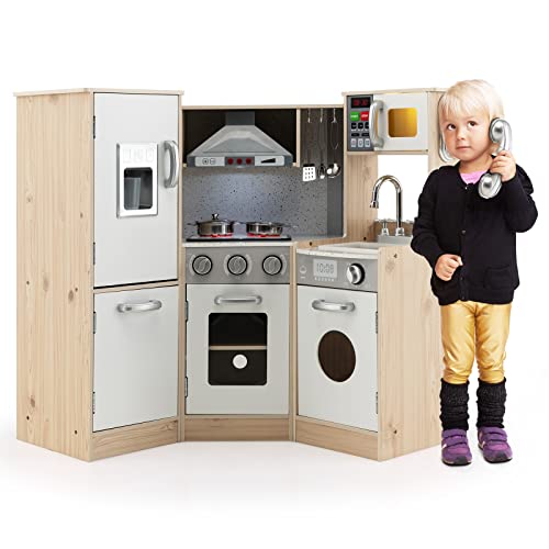 HONEY JOY Kids Wooden Kitchen Playset with Range Hood, Microwave, Sink, Utensils, Phone - With Lights & Sounds