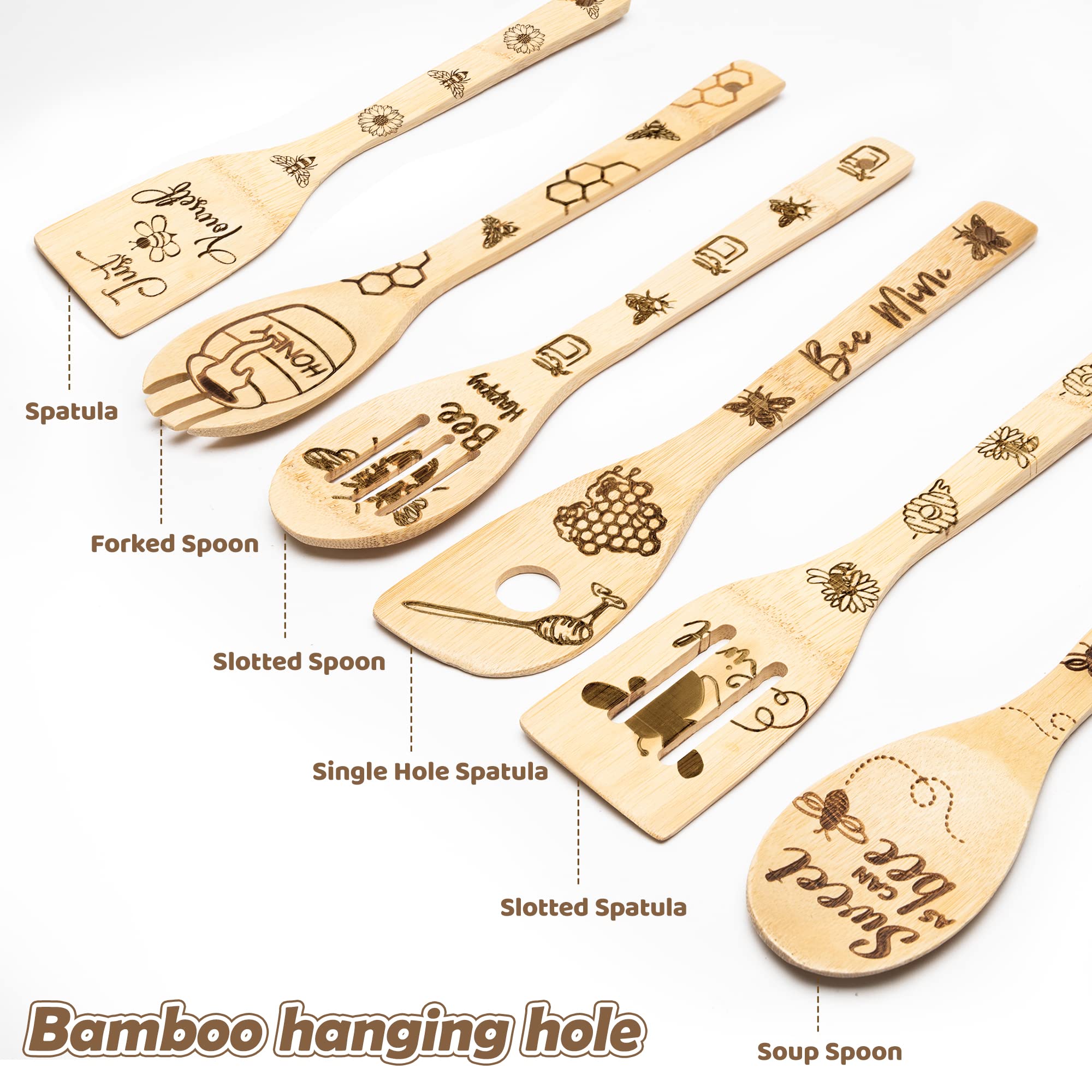 Haooryx 6Pcs Bee Sunflower Bamboo Spoons Utensils Set Bee Themed Non-Stick Carve Cooking Spoons Burned Bamboo Cookware Kitchen Gadget Kit Christmas Housewarming Gift Kitchen Decor Supplies
