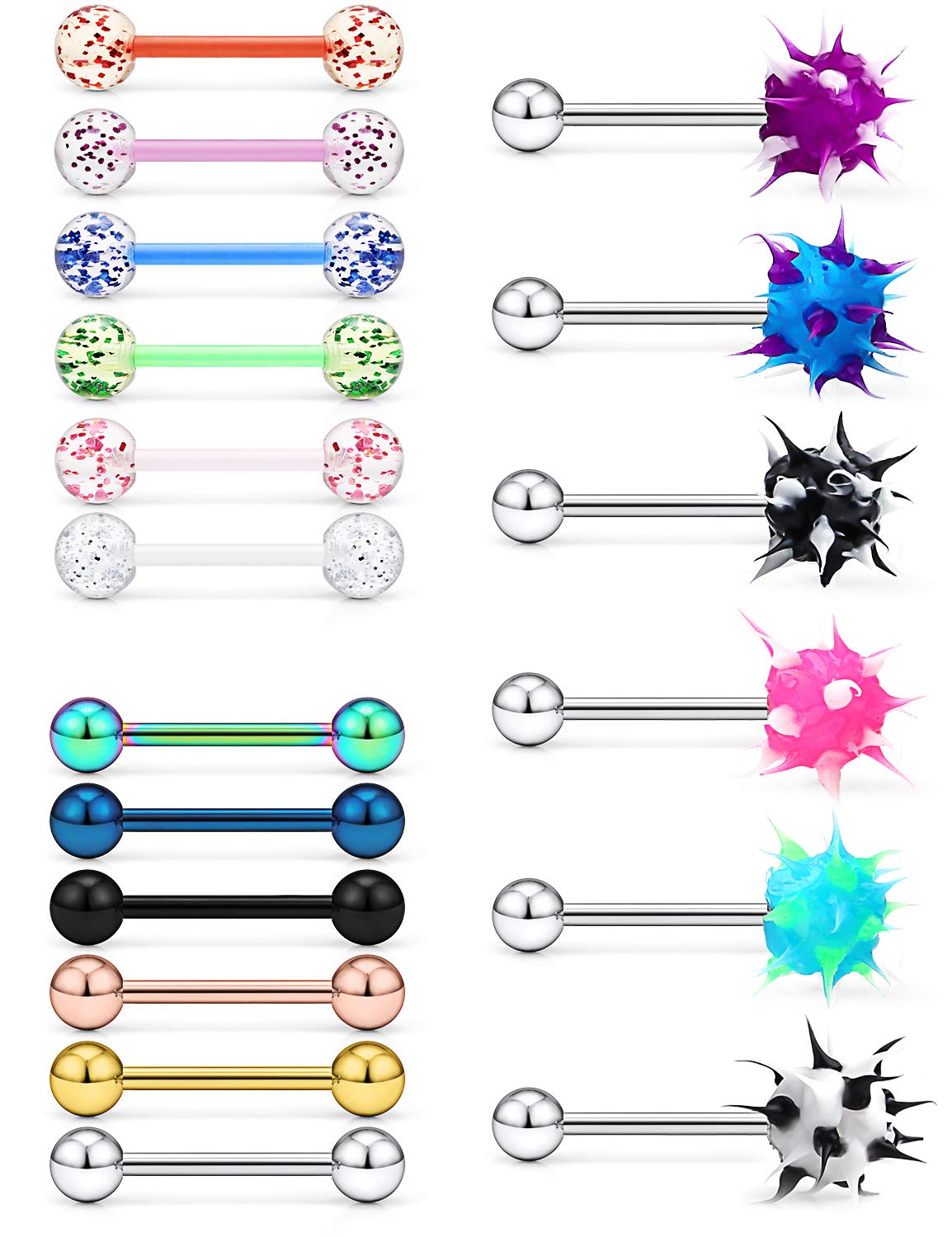 Hoeudjo 18Pcs 14G Tongue Rings Surgical Steel Soft Silicone Nipple Straight Barbells Bar Piercing Jewelry for Women Men 16mm (5/8 Inch) Silver-tone Rose Gold Black