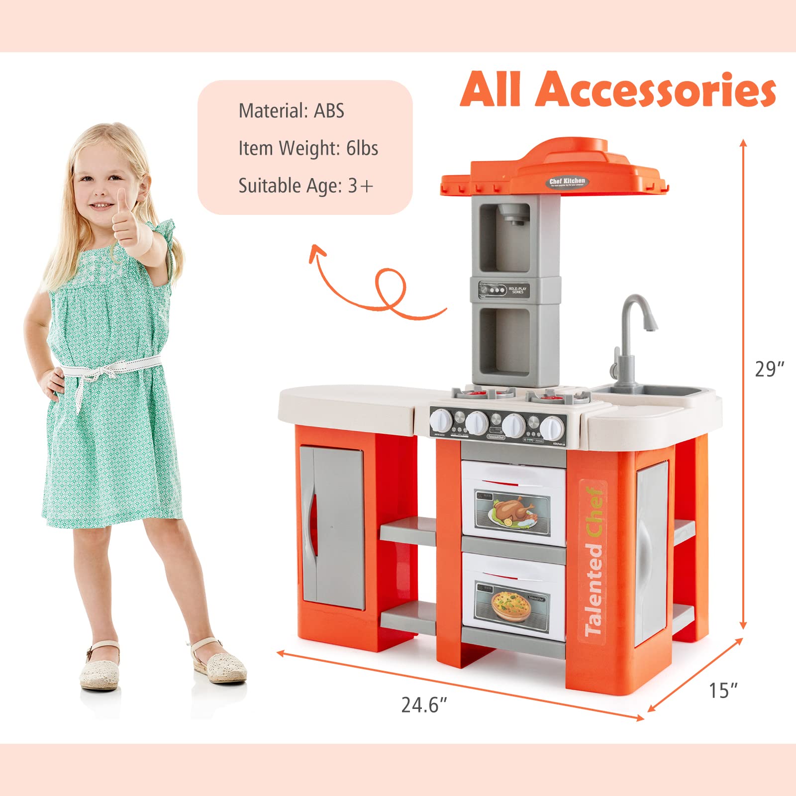 HONEY JOY Kids Kitchen Playset, Plastic Play Kitchen w/Realistic Lights & Sounds, Music, Running Water & Steam Function, 67 Pcs Cooking Accessories, Kitchen Set for Toddlers, Gift for Boys Girls