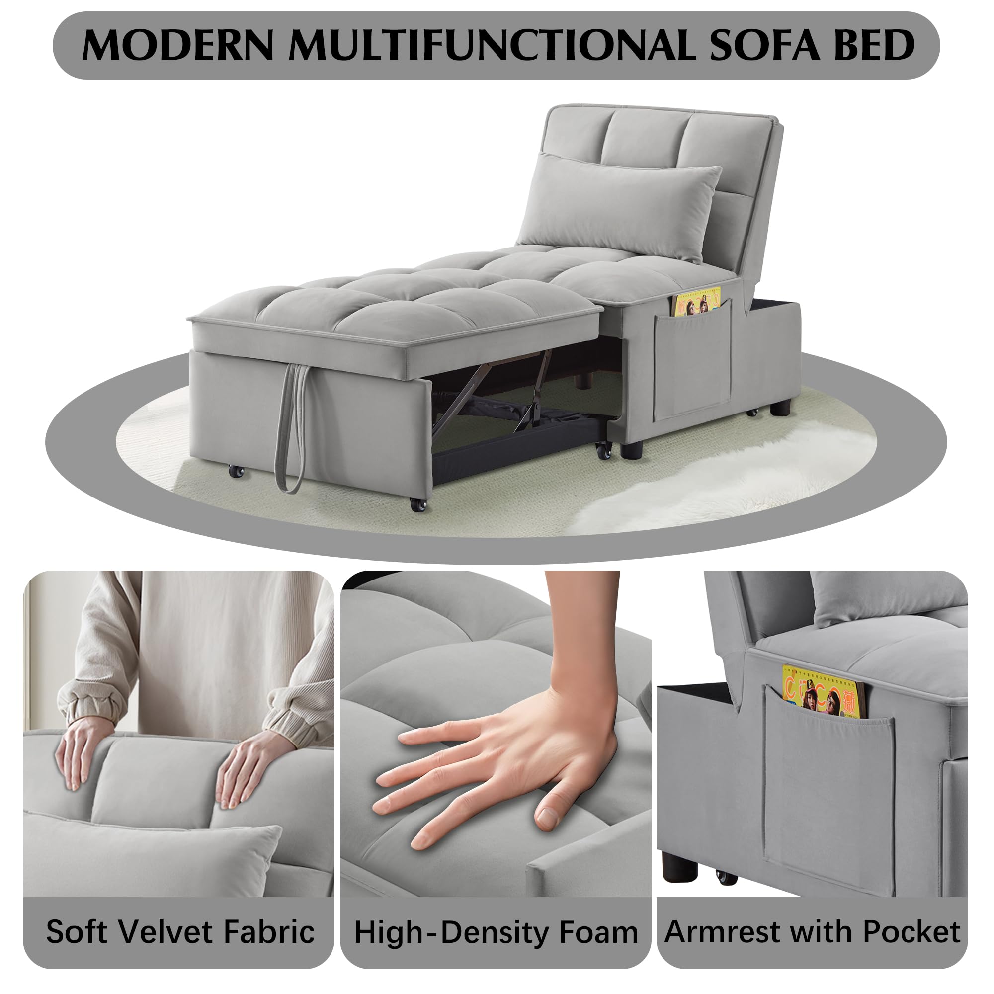 SPOWAY 3 in 1 Sleeper Sofa Couch Bed, Velvet Convertible Single Sleeper Sofa with 3 Level Adjustable Backrest, Storage Pockets, Toss Pillows, Pull Out Single Sleeper for Living Room, Gray