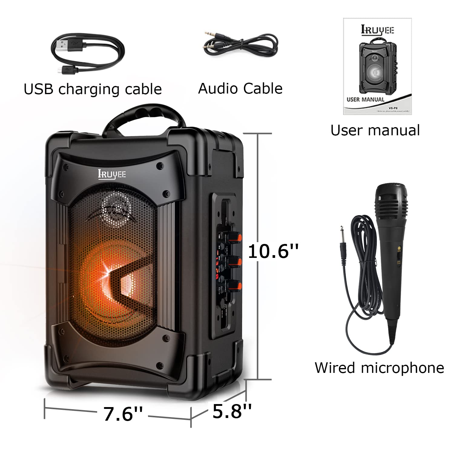 IRUYEE Portable Karaoke Machine Bluetooth Speaker with Microphone,Audio Recording for Indoors & Outdoor,PA System Bluetooth Subwoofer Heavy Bass with FM Radio,Supports TF Card/USB Playback,Black