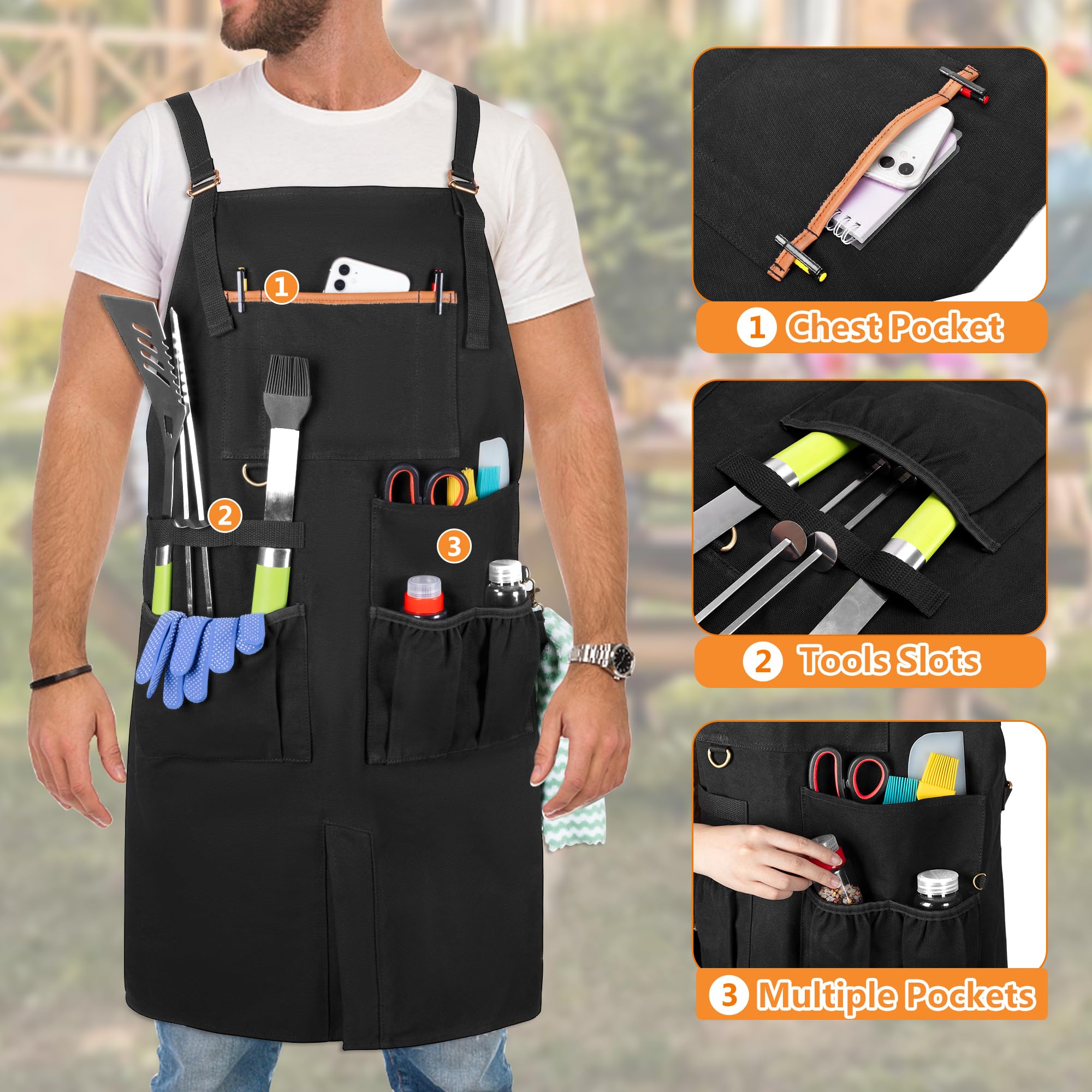 HODRANT Heavy-duty BBQ Grilling Apron, Outdoor Cooking Apron for Men & Women Chef with Dual Shoulder Straps & Adjustable Buckle, Anti-oil Kitchen Apron with Multiple Pockets & Slit Hem, Apron Only
