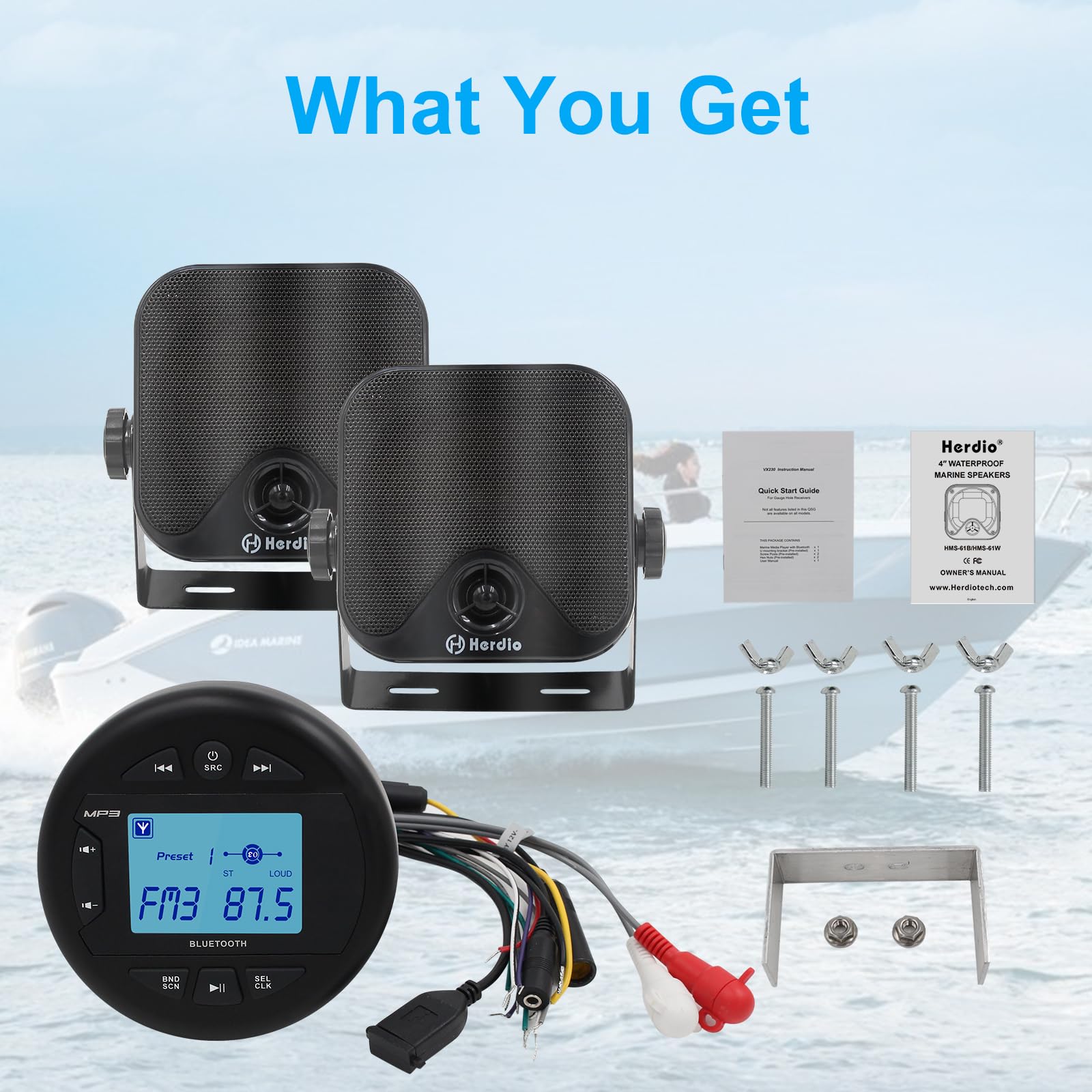 Herdio Marine Radio Compatible Mp3/USB/AM/FM Weather-Proof UTV & Marine Bluetooth Stereo Radio + 4 Inches 100W Marine Surface Mount Box Speakers(A Pair)