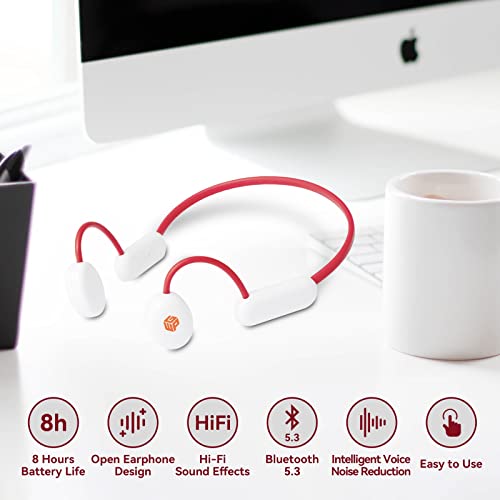 WGP Kids Headphones, Bluetooth 5.3 Wireless Air Conduction Open Ear Headphones with Microphone, IPX4 Waterproof, 12H Playtime Headset for iPad Tablet Home School (Red)