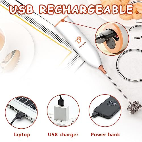 Handheld with Stainless Steel Stand USB-charging Foam Maker, DOUBLE WHISK Mini Blender and Electric Mixer Coffee Frother (Brown)