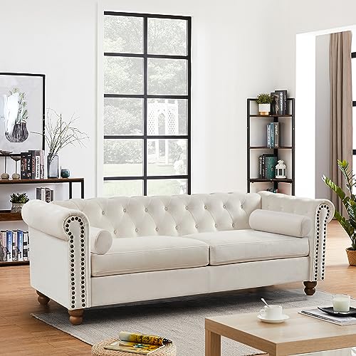 HMFULE 80.31'' Classic Traditional Loveseat Sofa 3 Seat Tufted Upholstered Couch with High-tech Fabric Nailhead Scrolled Arms for Living Room Apartment Office (White1)
