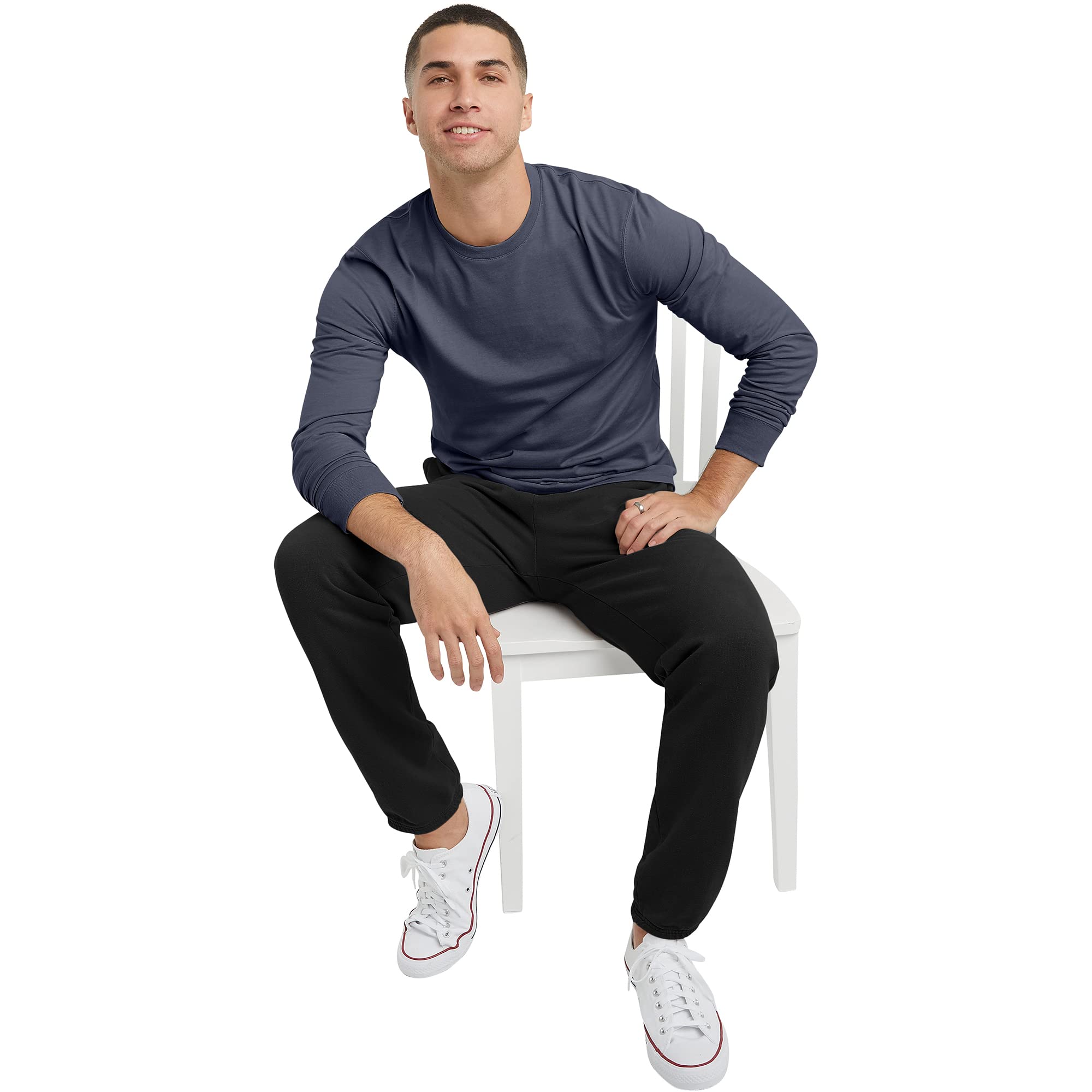 Hanes Originals Long Sleeve Cotton T-Shirt, Classic Crewneck Tee for Men, Black, Large