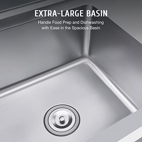 WILPREP Commercial Stainless Steel Utility Sink, Single Compartment Kitchen Sink with Storage Sink Strainer and Splash Guard, Portable Sink with Work Table & Adjustable Feet, 39" W x 24" D