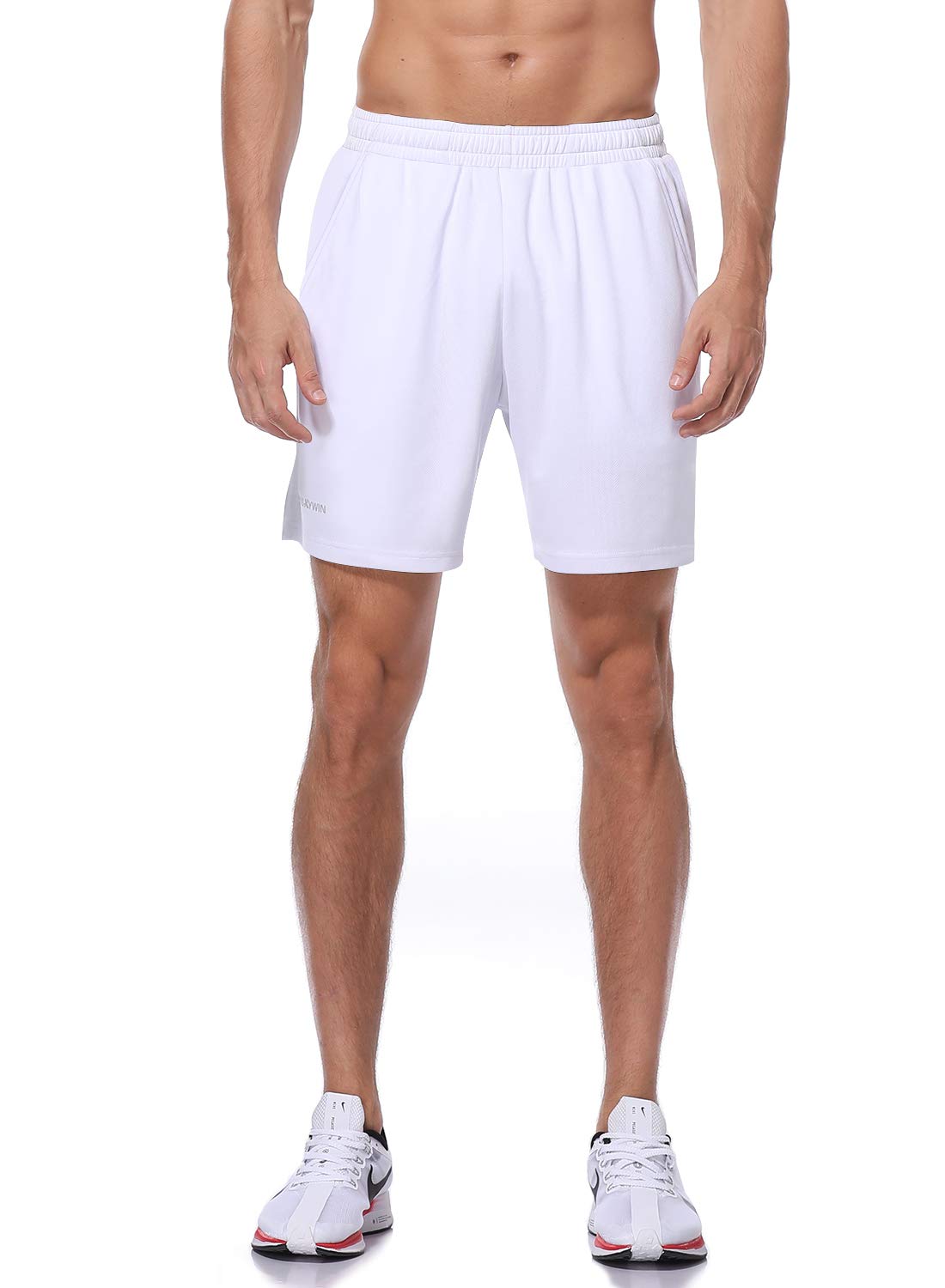 HISKYWIN Men's 7" Quick-Dry Running Shorts Workout Jogging Mesh Shorts with Pockets Zip F605-White-M