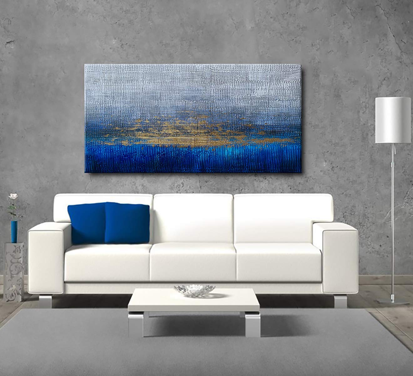 Handmade Textured Abstract Wall Art Blue Modern Oil Paintings on Canvas for Living Room Home Decoration