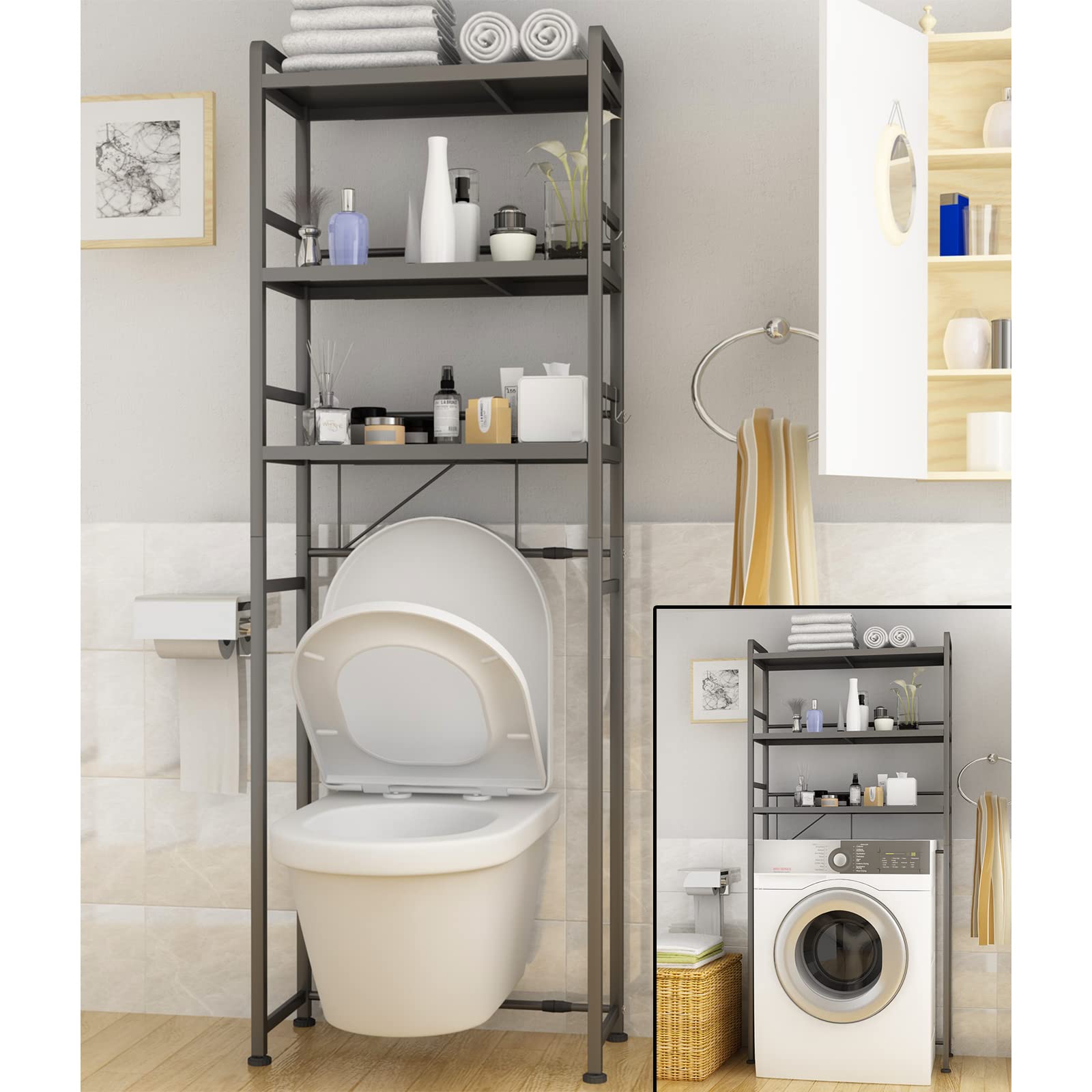 hanvate Over The Toilet Storage Cabinet with 3-Tier Adjustable Shelf, Carbon Steel Over Toilet Bathroom Organizer Rack with 3 Hooks, Space-Saving for Bathroom/Restroom/Laundry