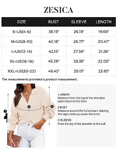 ZESICA Women's 2023 Fall Lapel Collar V Neck Long Sleeve Ribbed Knit Comfy Loose Casual Pullover Sweater Jumper Top,Beige,Medium