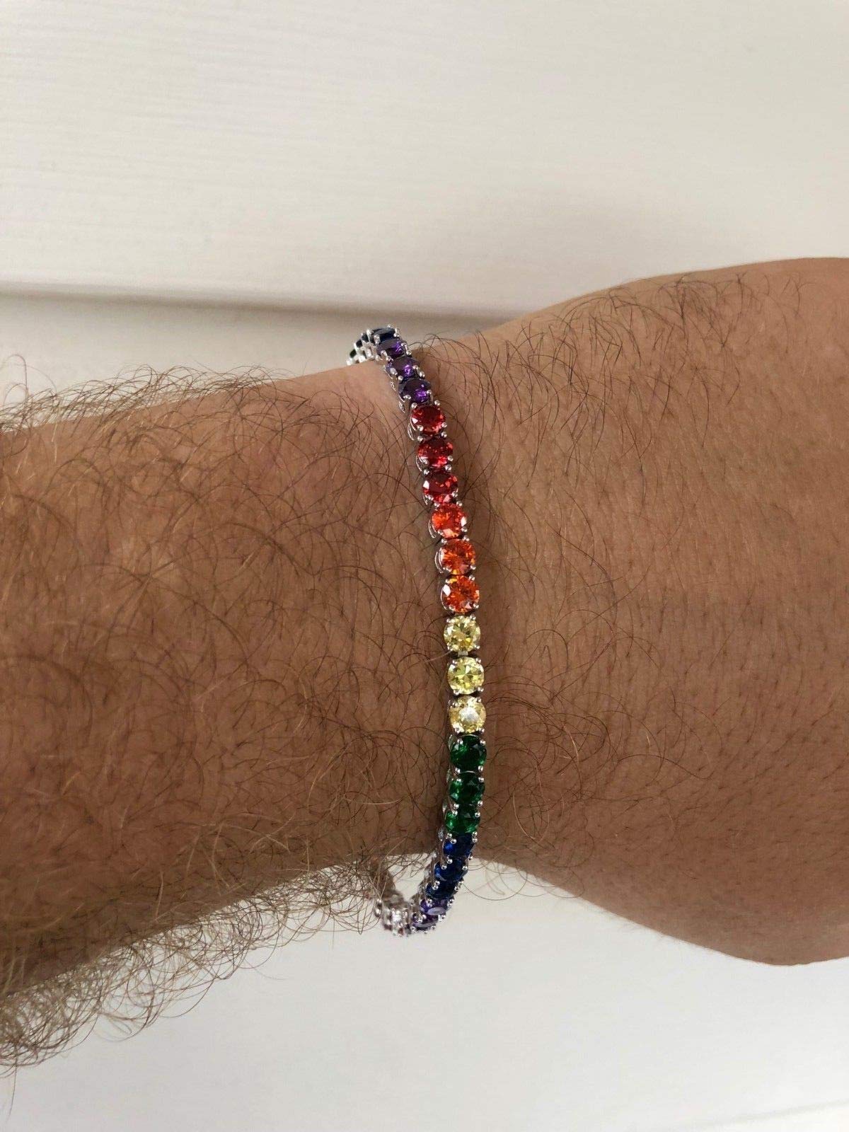 HarlemBling Real Solid 925 Sterling Silver Mens Or Womens Multi Colored Tennis Bracelet - 4mm Rainbow CZ - 6-9" (7.5)