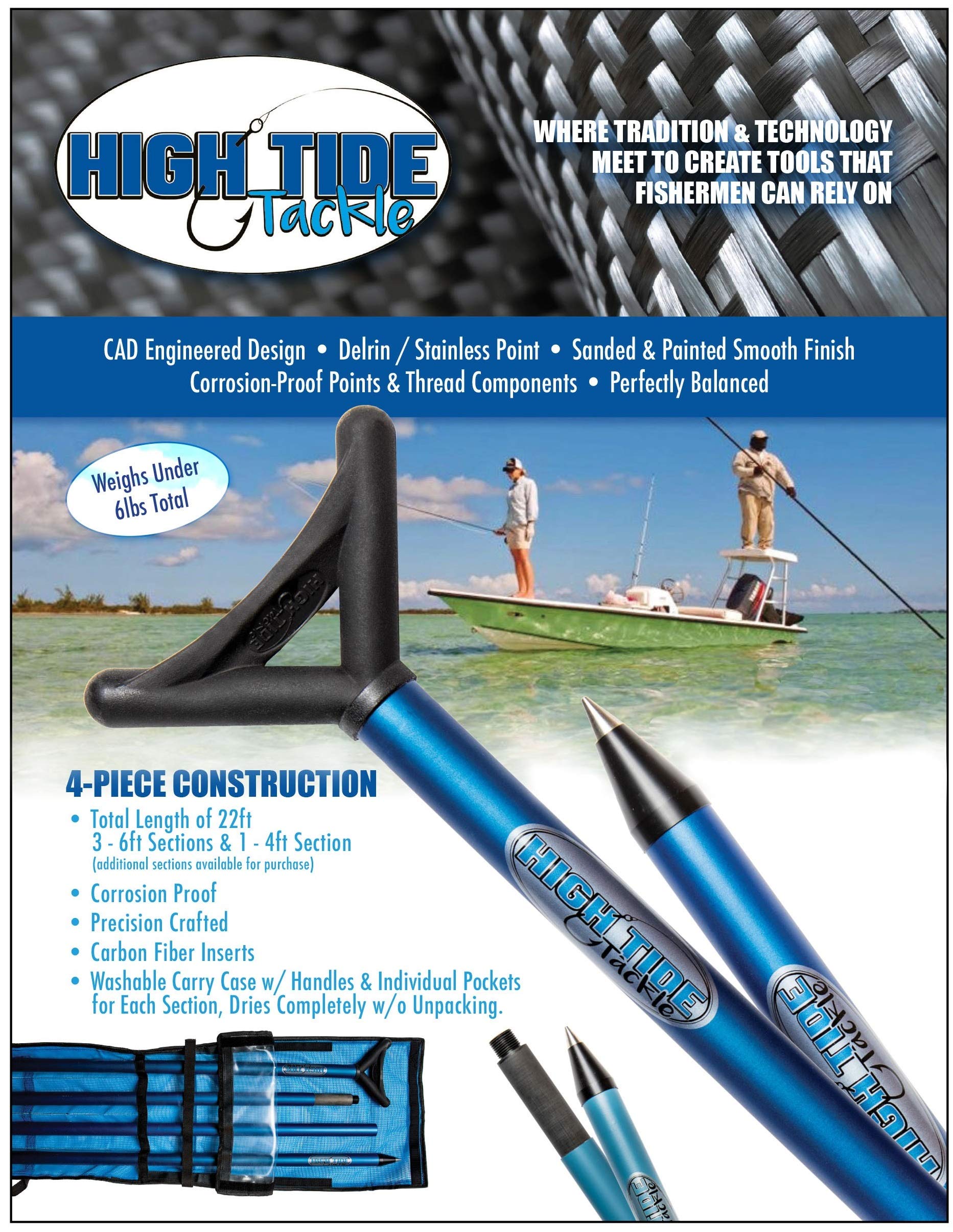High Tide Premium Push Pole, 4-Piece Easy Assembly, Corrosion Proof, Durable Extension Pole, Stealth Fishing Tool, Fishing Accessory, Perfectly Balanced, Boat Hook, 22ft (Grey)