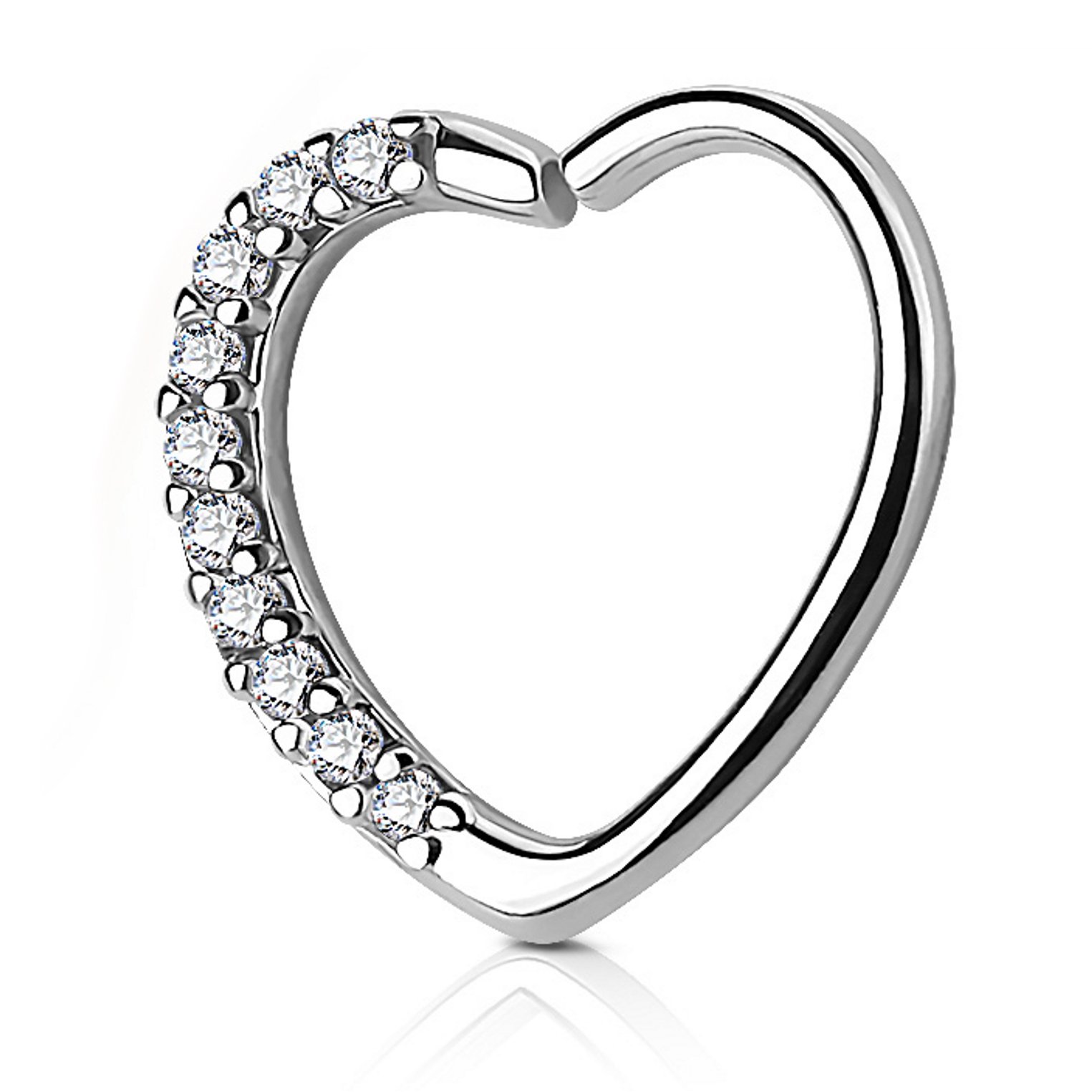 Heart with CZ Gems Cartilage Tragus Daith Piercing Earring (Right Ear) - 16G 3/8" (Silver-Tone Brass/Clear)